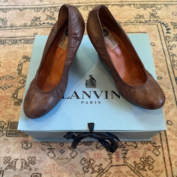 Lanvin | Shoes | Lanvin Brown Calfskin Leather Ballerina Wedge Heels ...